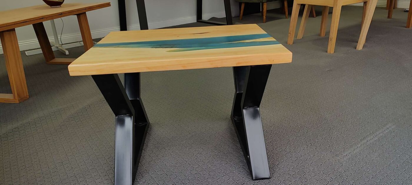 Cypress End Table with Resin River – ‘Riverbank Fossil’ - Saxon Design